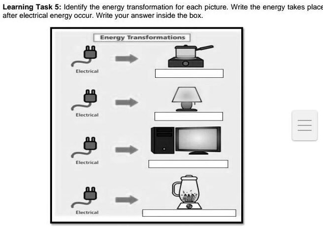 SOLVED: Learning Task 5: Identify the energy transformation for each ...