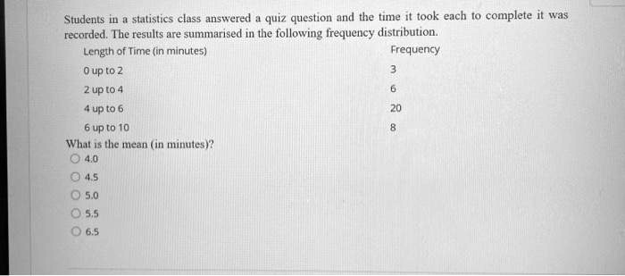 SOLVED: Students W sulistics cluss answered quiz question and the tue It took ench to complete ...
