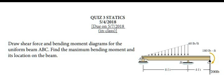 QUIZ 3 STATICS 5/4/2018 [Due on 5/7/2018 (in-class)] Draw shear force ...