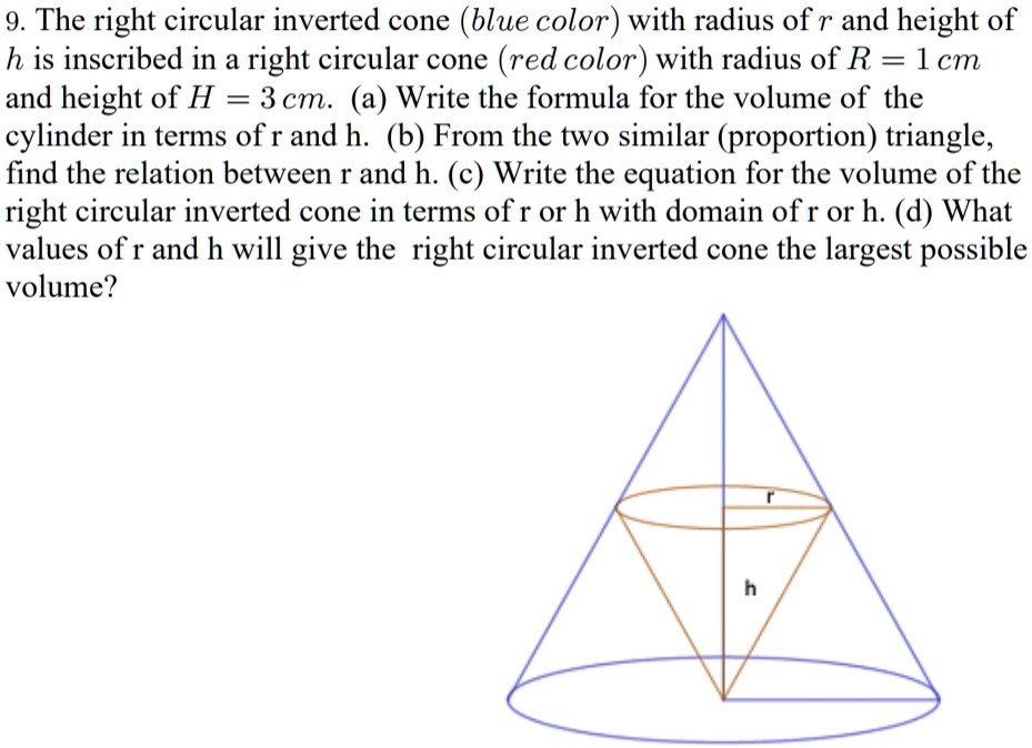 SOLVED: 9. The right circular inverted cone (blue color with radius ofr ...