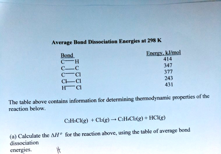 SOLVED: Average Bond Dissociation Energies at 298 K Bond EnergykJmol ...