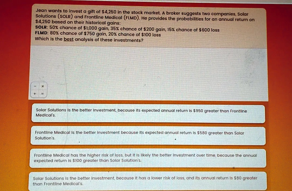 Jean wants to invest gift of 4250 in the stock market...