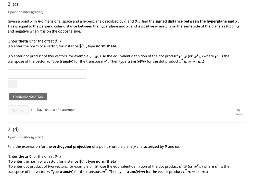 SOLVED: Given point x in n-dimensional space and hyperplane described ...