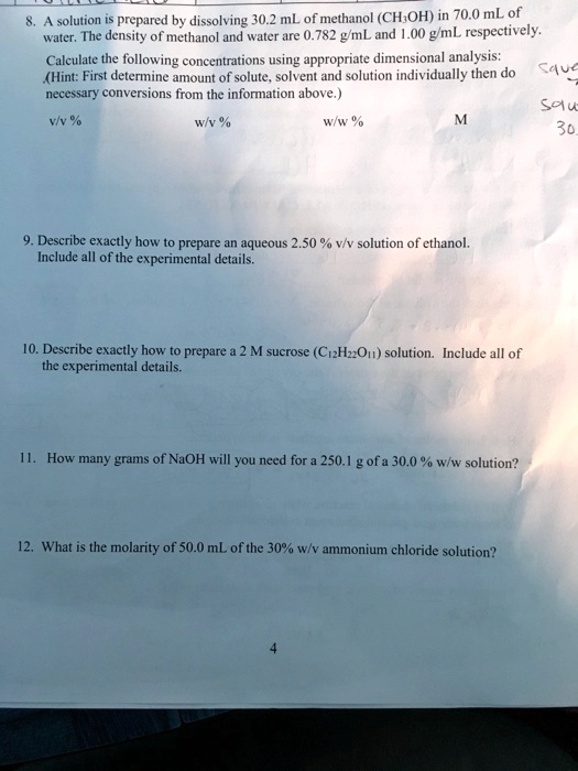 solution prepared by dissolving 302 ml of methanol choh in 700 ml of water the density of ...