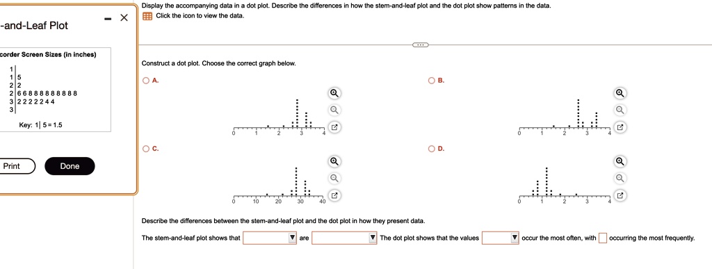 SOLVED: Texts: Display the accompanying data in a dot plot. Describe the differences in how the ...