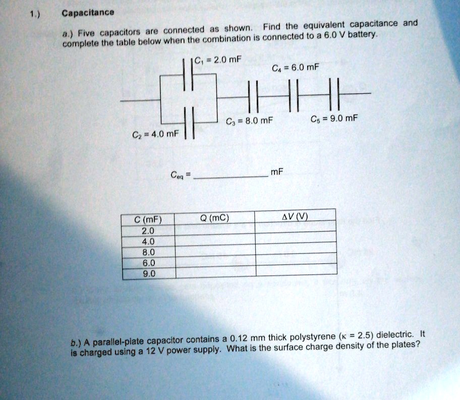 SOLVED: 1.) Capacitance a. Five capacitors are connected as shown. Find the equivalent ...