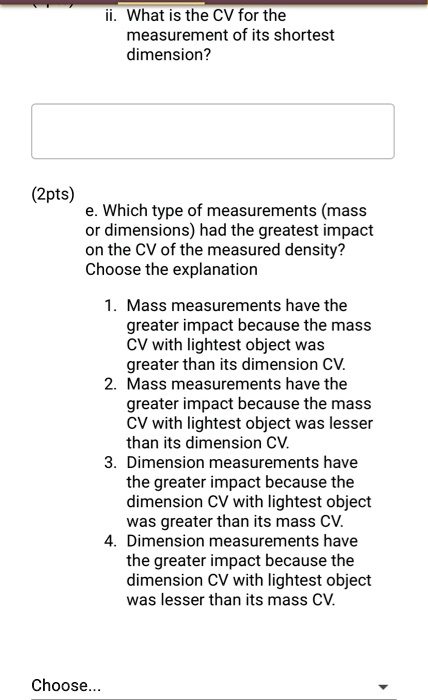 what is the cv for the measurement of its shortest dimension 2pts e ...