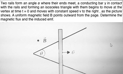 Two rails form an angle θ where their ends meet, a conducting bar y in ...