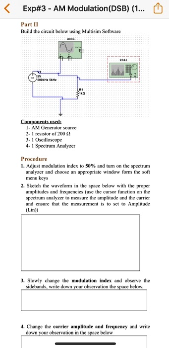 exp3 am modulationdsb1 part ii build the circuit below using multisim software components used 1 ...