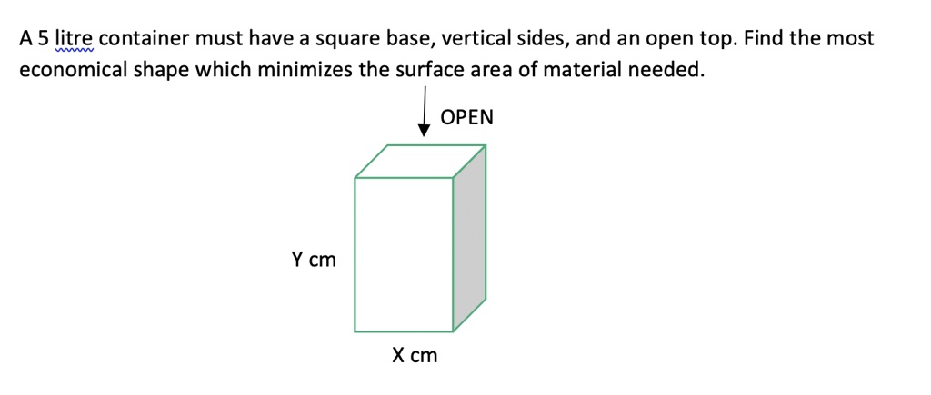 a 5 litre container must have a square base vertical sides and an open ...