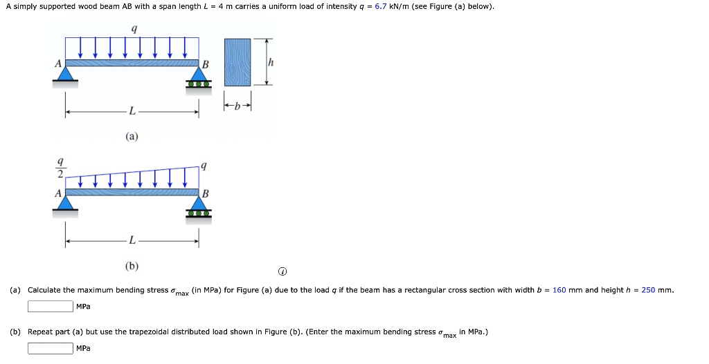 A simply supported wood beam AB with a span length L = 4 m carries a ...