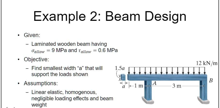 Example 2: Beam Design Given: Laminated wooden beam having Allow = 9 ...