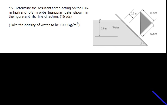 15. Determine the resultant force acting on the 0.8-m-high and 0.8-m-wide triangular gate shown ...