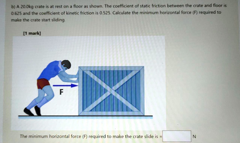 SOLVED: b) A 20.0kg crate is at rest on a floor as shown: The coefficient of static friction ...