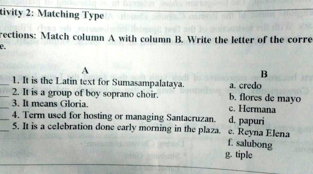 SOLVED: I need help. Thank you. Activity 2: Matching Type Directions ...