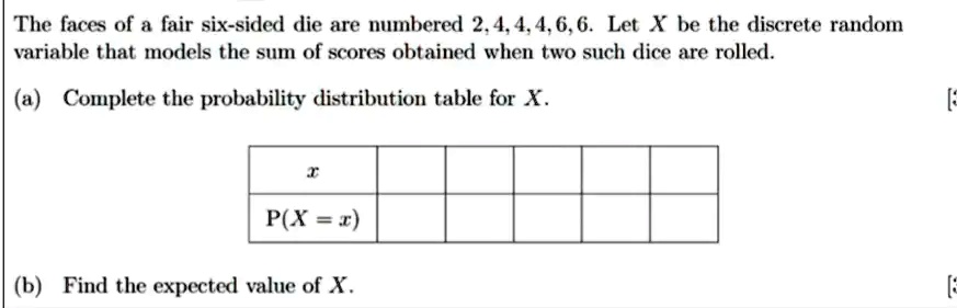 The faces of a fair six-sided die are numbered 2, 4, 4, 4, 6, 6. Let X be the discrete random ...