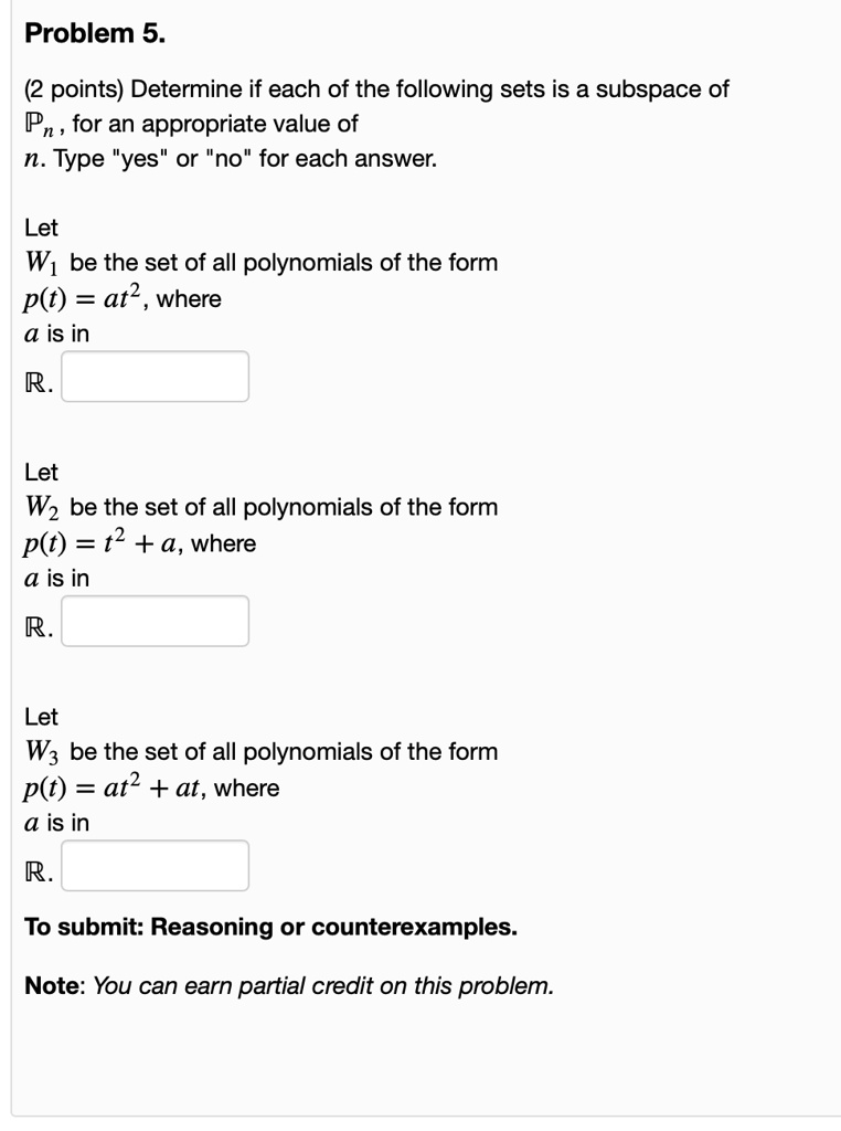 problem 5 2 points determine if each of the following sets is a subspace of pn for an ...