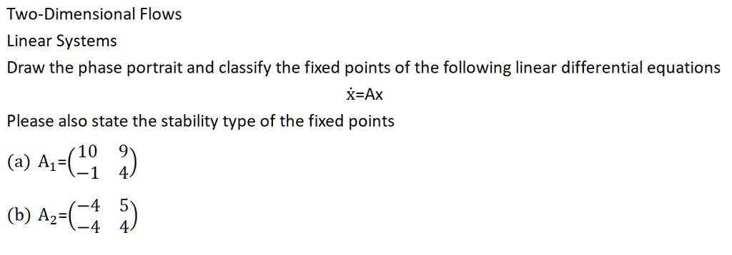 SOLVED:Two-Dimensional Flows Linear Systems Draw the phase portrait and classify the fixed ...
