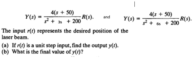 SOLVED: 4(s+50) R(s) and Y(s) = R(s) + 2 + 6s + 200. The input r(t) represents the desired ...