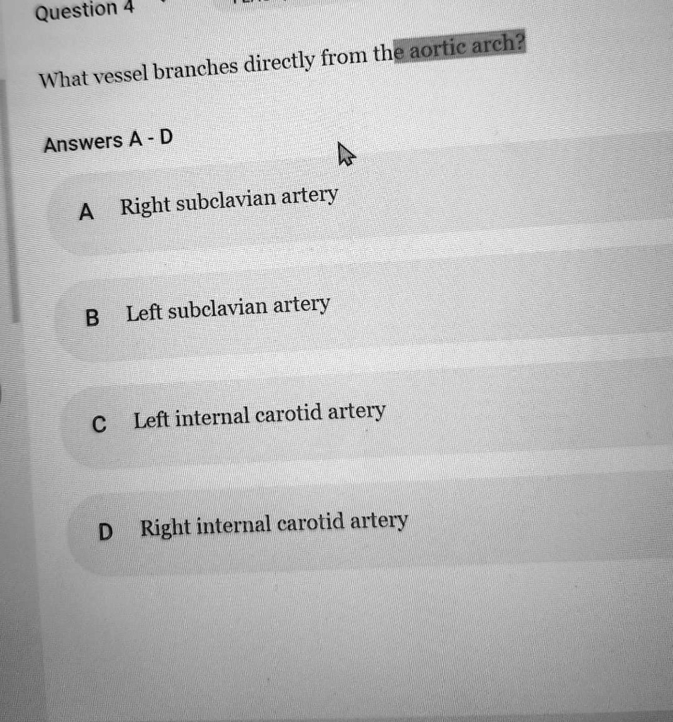 Question 4: What vessel branches directly from the aortic arch? Answers A-D: A) Right subclavian ...