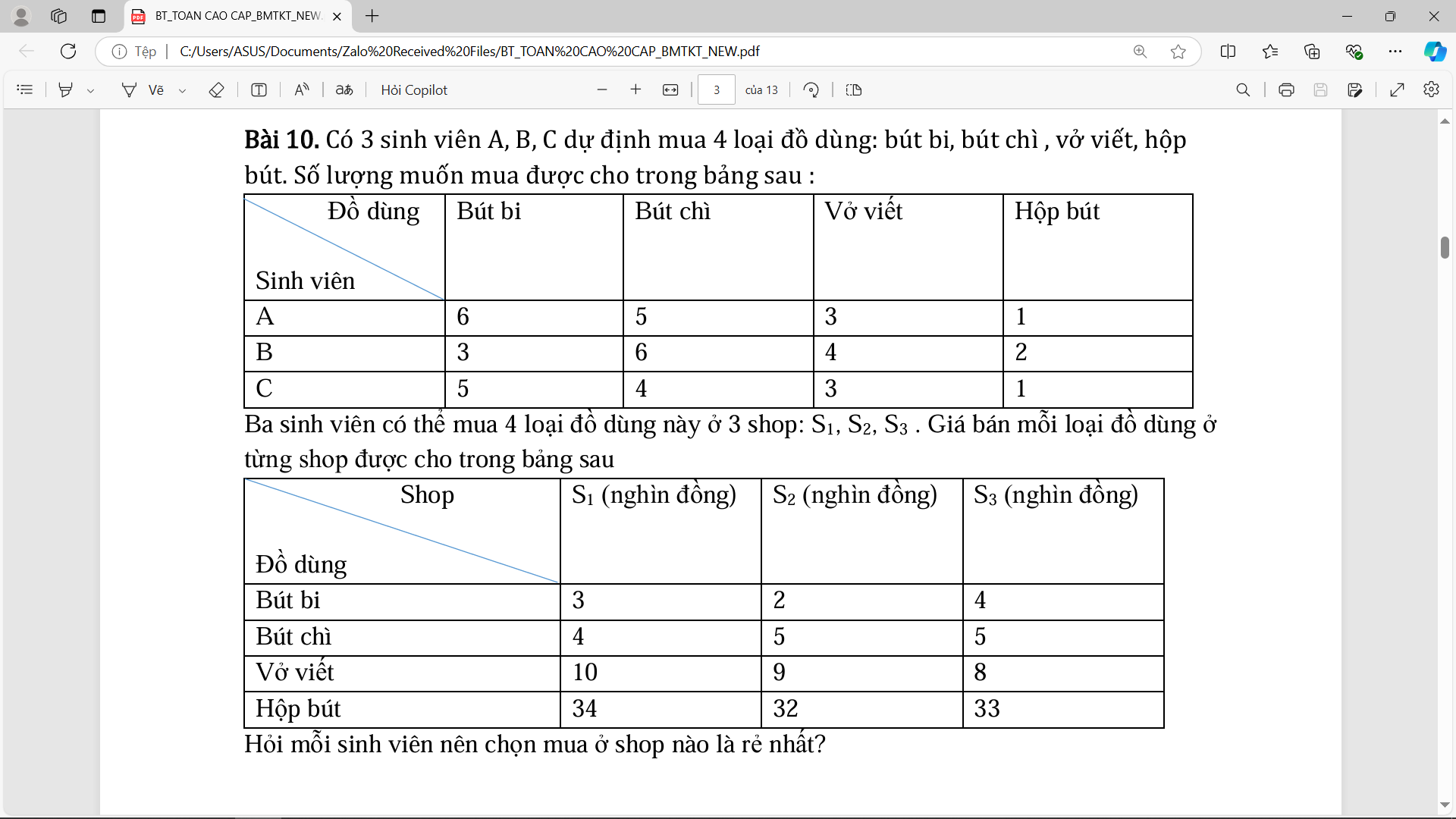 Bài 10. Có 3 sinh viên A, B, C d? ??nh mua 4 lo?i ?? dùng: bút bi, bút chì , v? vi?t, h?p bút. S ...
