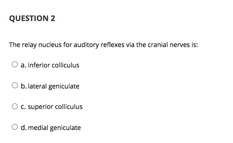 SOLVED: The relay nucleus for auditory reflexes via the cranial nerves ...