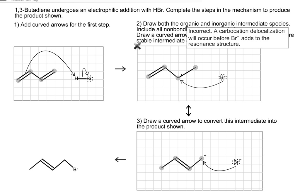 SOLVED: 1,3-Butadiene undergoes an electrophilic addition with HBr. Complete the steps in the ...