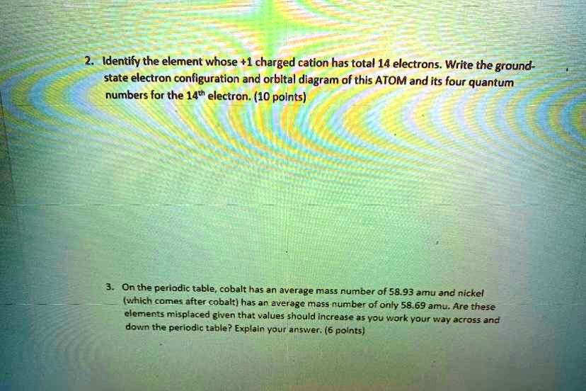 identify the element whose 1 charged cation has total 14 electrons write the ground state ...