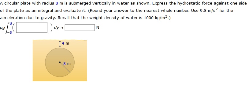 Circular Plate With Radius 8 M Is Submerged Vertically In Water As Shown Express The Hydrostatic