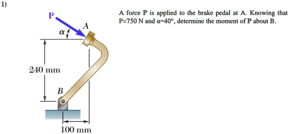 SOLVED: Texts: 1) P A force P is applied to the brake pedal at A. Knowing that P = 750 N and a ...