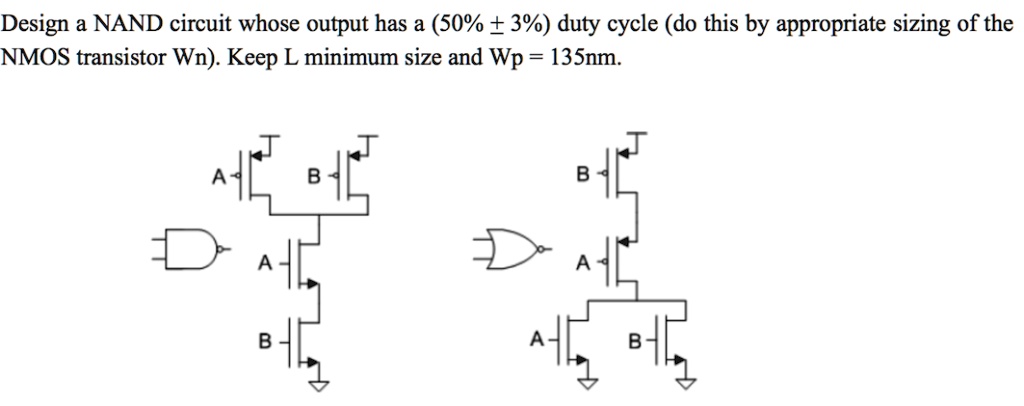 Design a NAND circuit whose output has a (50% ± 3%) duty cycle (do this by appropriate sizing of ...