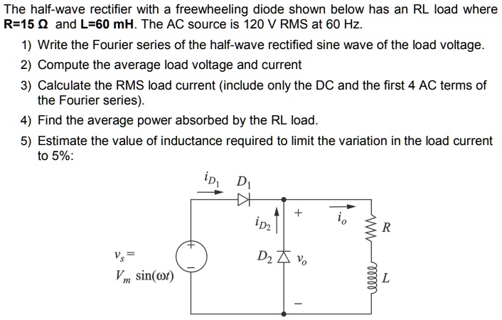 SOLVED: The half-wave rectifier with a freewheeling diode shown below has an RL load where R=15 ...