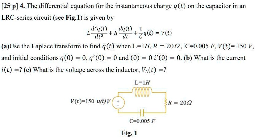 SOLVED: [25 p] 4. The differential equation for the instantaneous charge q(t) on the capacitor ...