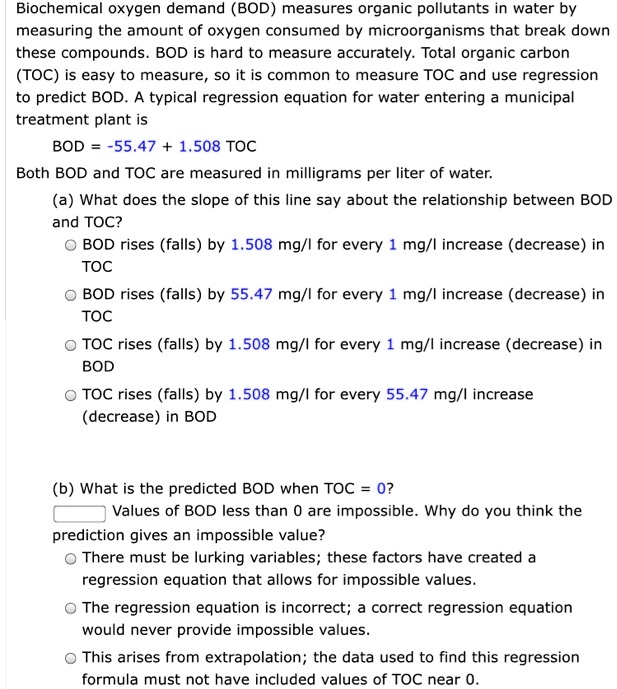 SOLVED: Biochemical oxygen demand (BOD) measures organic pollutants in ...