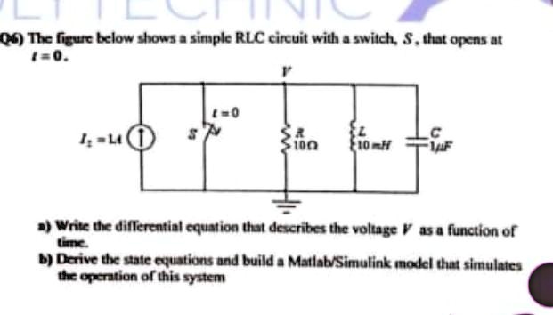 Q6) The figure below shows a simple RLC circuit with a switch, S, that opens at t = 0. Ii = I4 t ...