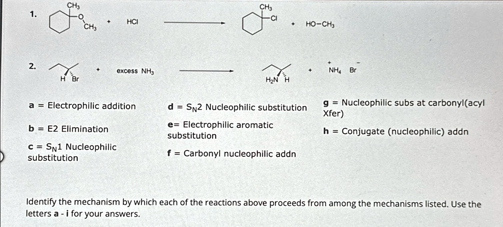 a = Electrophilic addition d = SN2 Nucleophilic substitution g = Nucleophilic substitution at ...