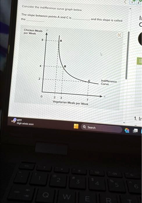 Consider the indifference curve graph below. The slope between points A and C is , and this ...