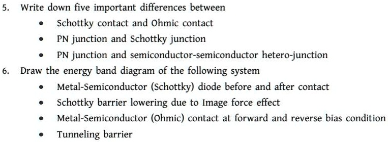 SOLVED: Write down five important differences between Schottky contact ...