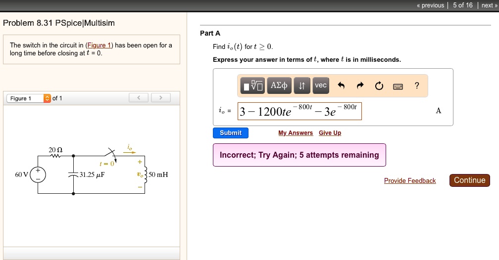 Problem 8.31 PSpice|Multisim The switch in the circuit in (Figure 1) has been open for a long ...