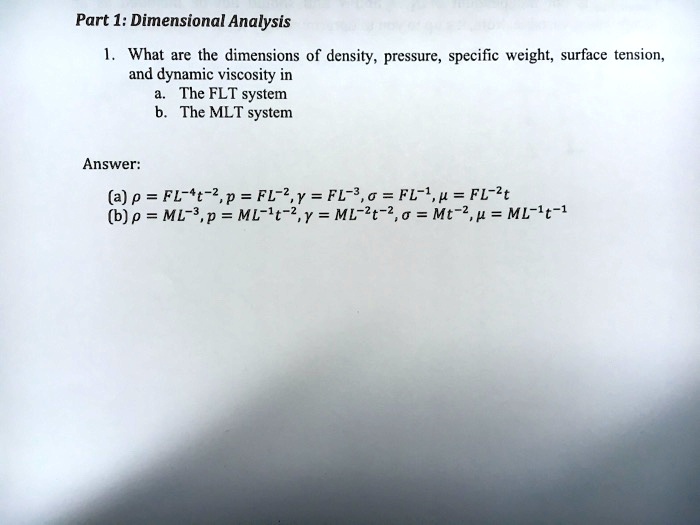 Part 1: Dimensional Analysis 1. What are the dimensions of density, pressure, specific weight ...