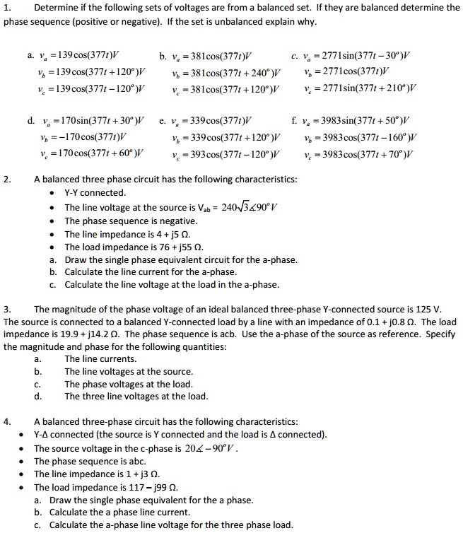 balanced set voltages determine if the following sets of voltages are from a balanced set if ...