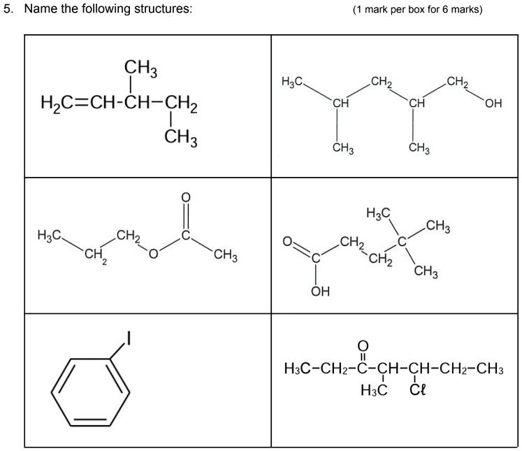 5. Name the following structures: CH3 H2C=CH-CH-CH2 CH3 (1 mark per box for 6 marks) H3C CH2 CH2 ...