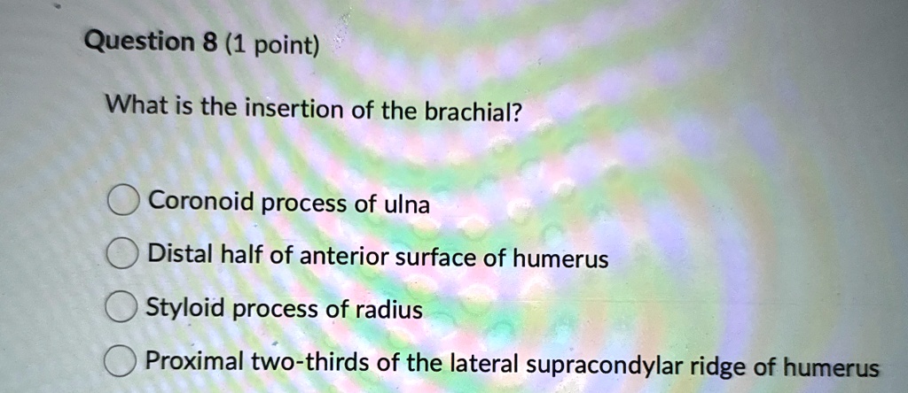 Question 8 (1 point) What is the insertion of the brachial? Coronoid process of ulna Distal half ...