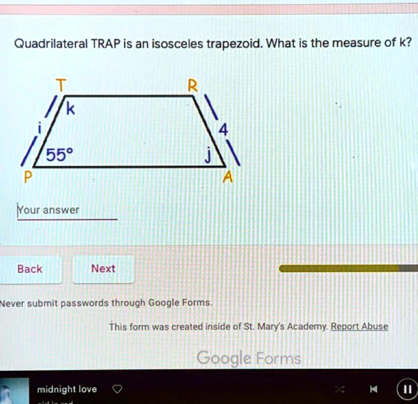 SOLVED: PLEASE HELP!!!!!!!!!! Quadrilateral TRAP is an isosceles trapezoid. What is the measure ...