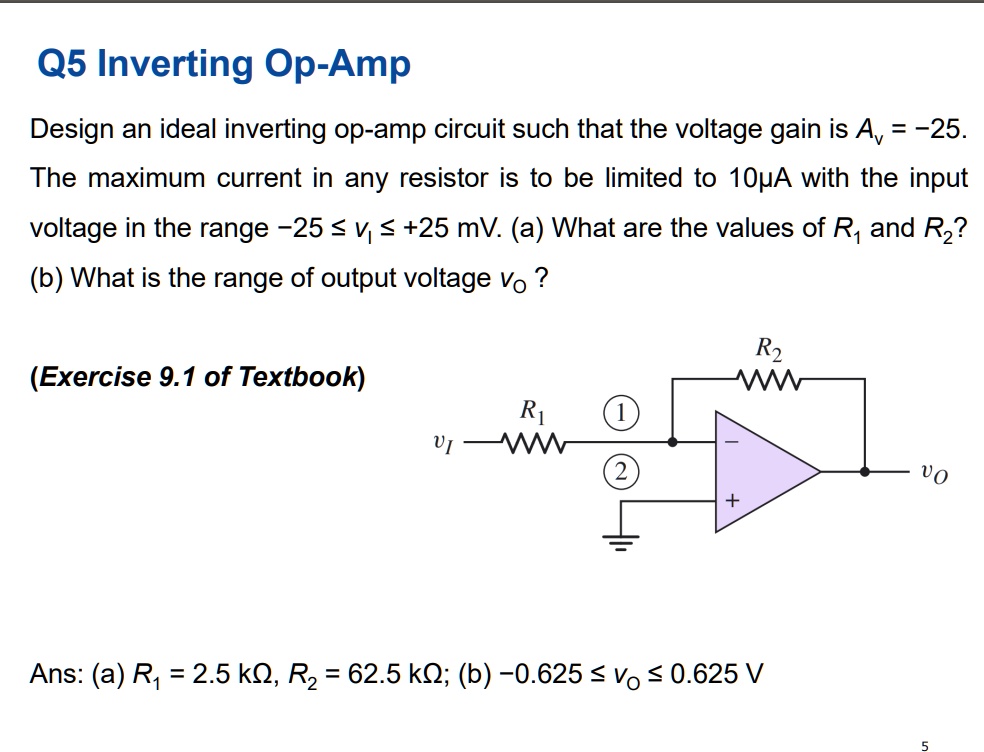 Q5 Inverting Op-Amp Design an ideal inverting op-amp circuit such that ...
