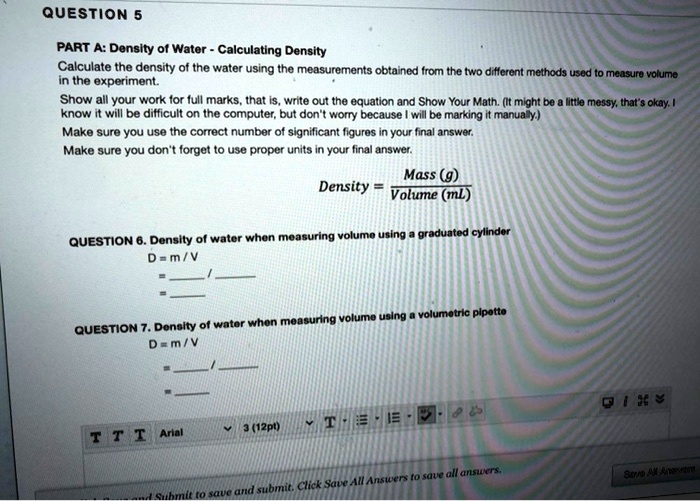 SOLVED: Question 5 PART A: Denslty of Wator Calculating Density ...