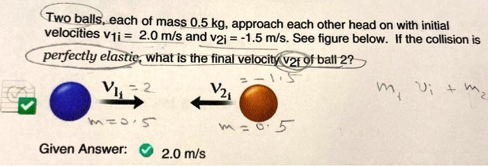 Two balls, each of mass 0.5 kg, approach each other head-on with initial velocities V1i = 2.0 m ...