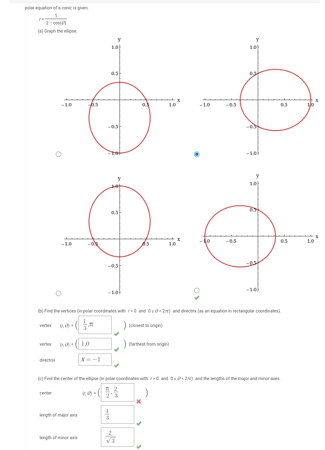 SOLVED: polar equation of a conic is given. r=(1)/(2-cos (θ)) (a) Graph the ellipse. (b) Find ...