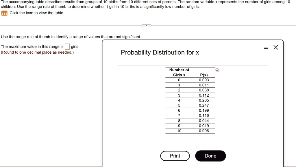 SOLVED: Texts: children. Use the range rule of thumb to determine whether 1 girl in 10 births is ...