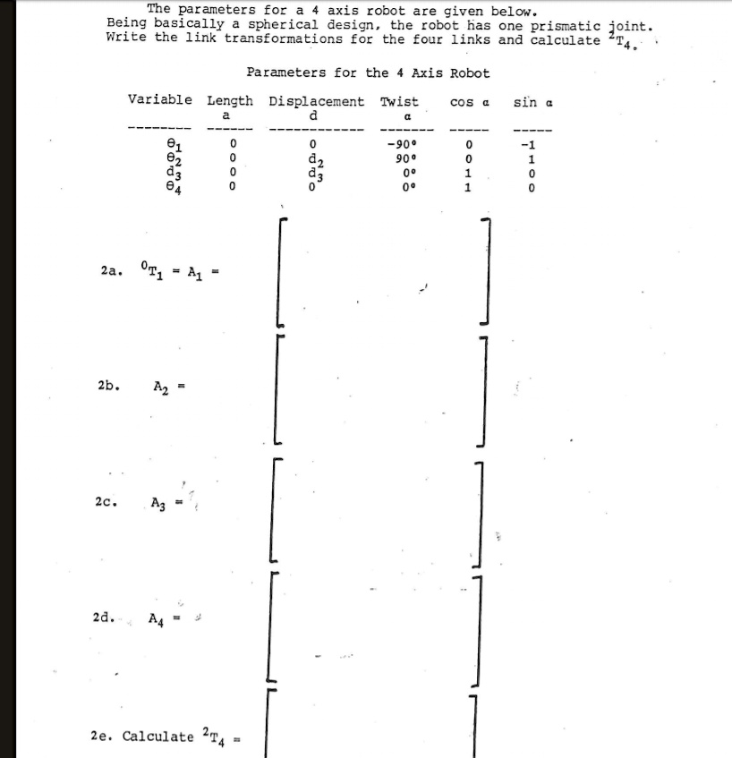 The parameters for a 4 axis robot are given below. Being basically a ...